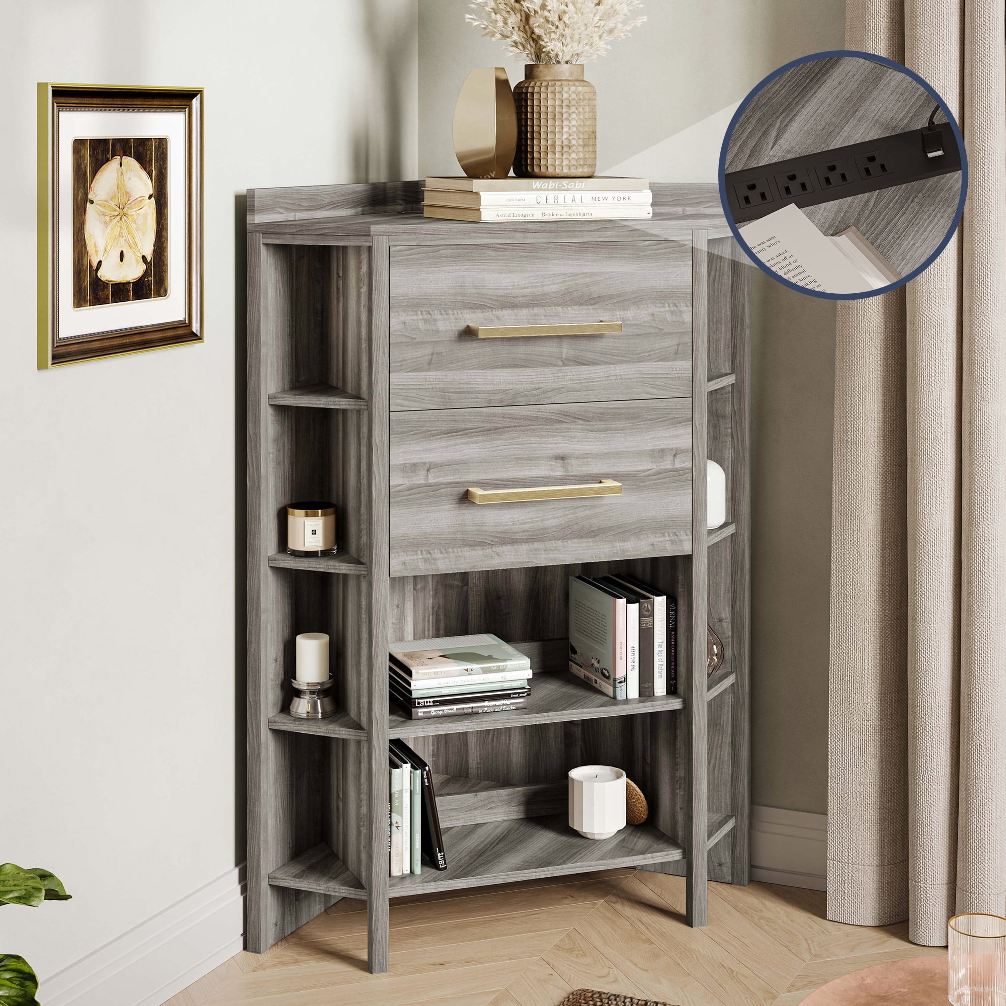 BELLEZE Corner Cabinet for Living Room & Bedroom, Table with Power ...