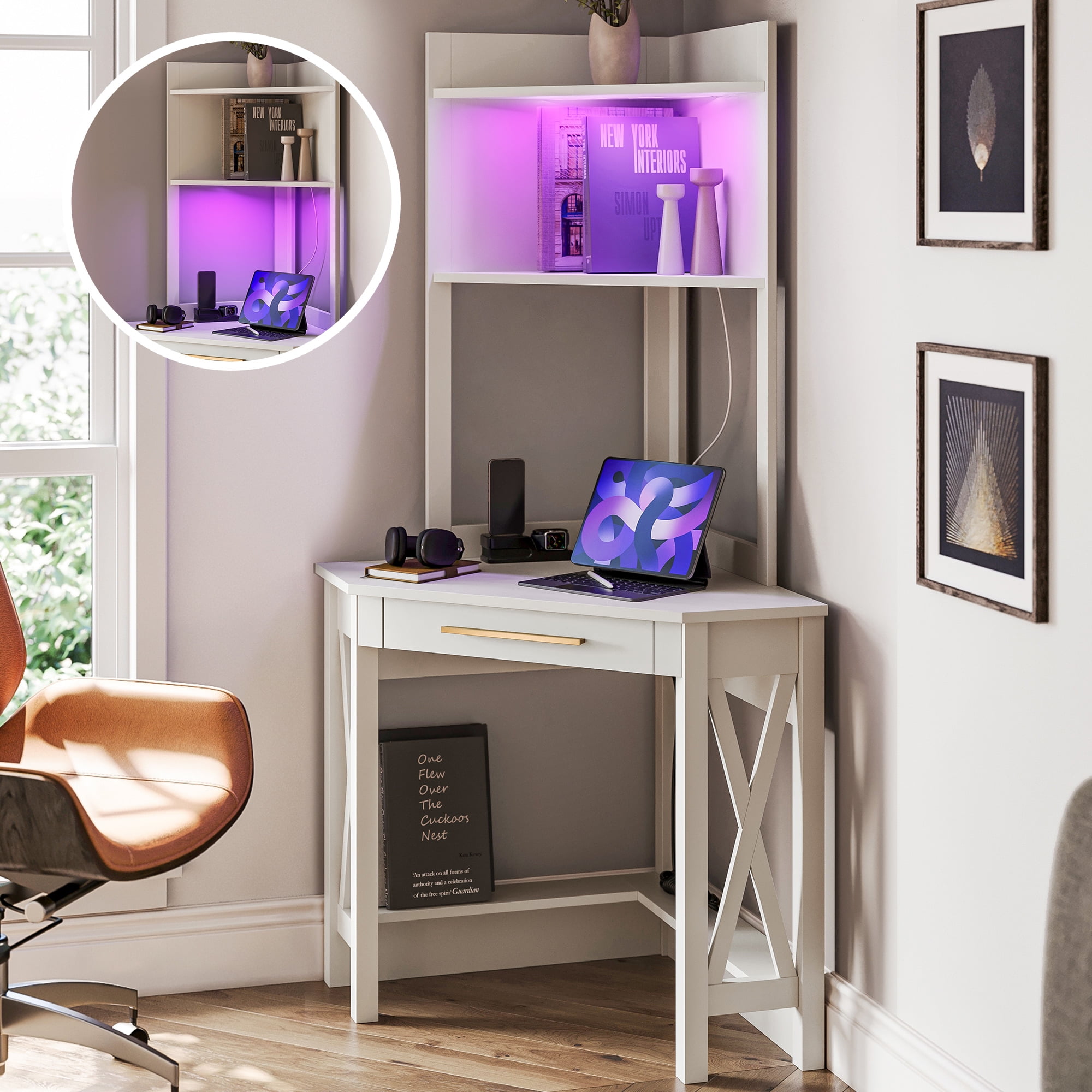 BELLEZE Corner Desk with Hutch, Compact Home Office Desk with Display ...