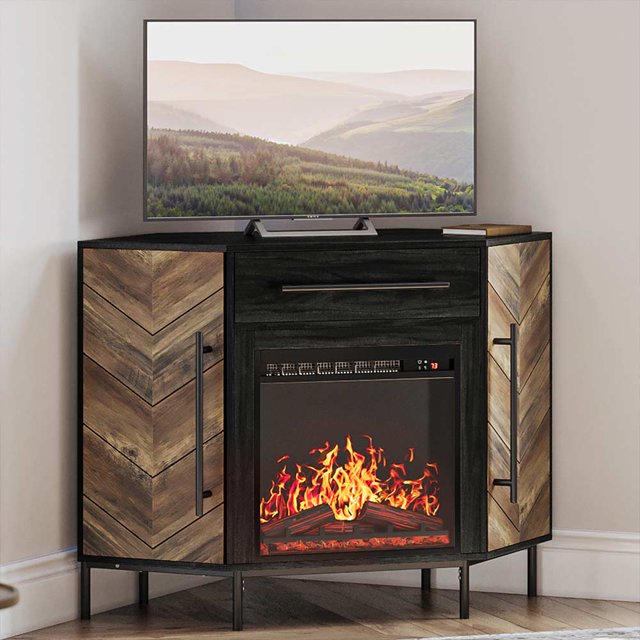 BELLEZE Corner TV Stand with 18 Inch Electric Fireplace, Media Console ...