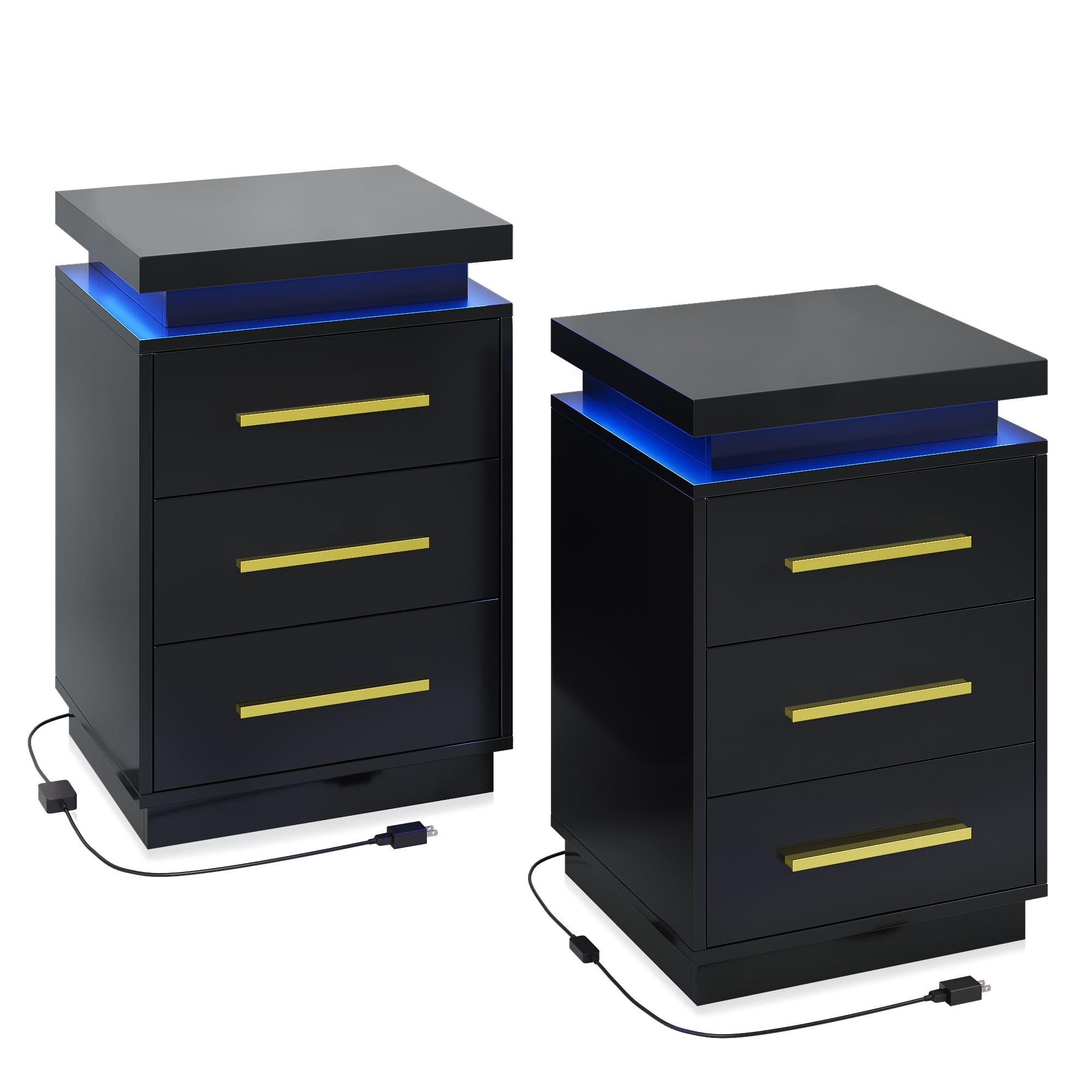 BELLEZE Modern Nightstand Bedside Side Tables Set of 2 with LED Lights ...