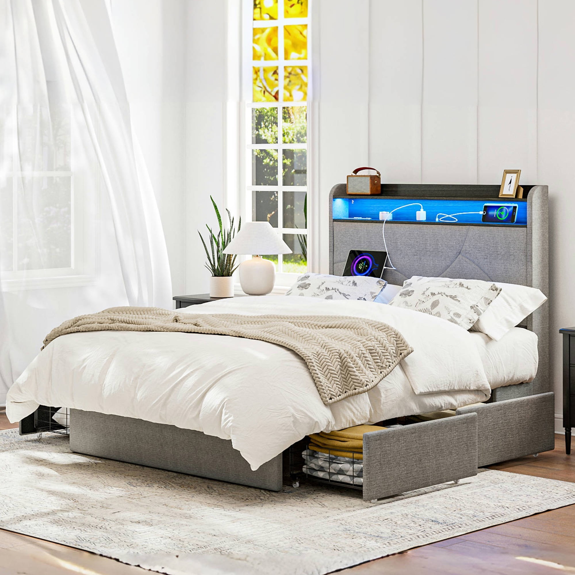 BELLEZE Full Size Bed Frame with 4 Drawers, Storage Headboard ...