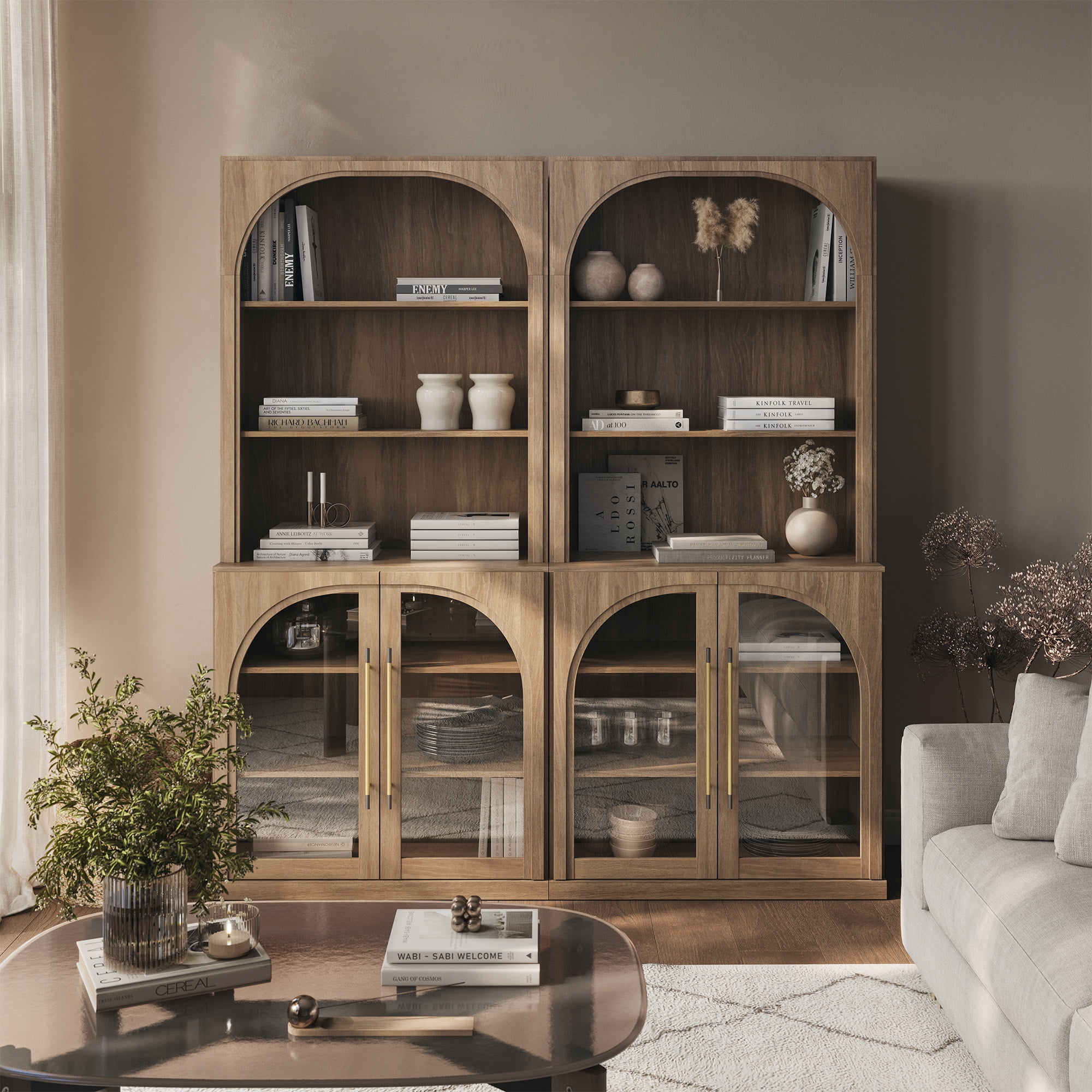 BELLEZE Glass Display Curio Cabinet Set of 2, 72" Tall Modern Wood 6 ...