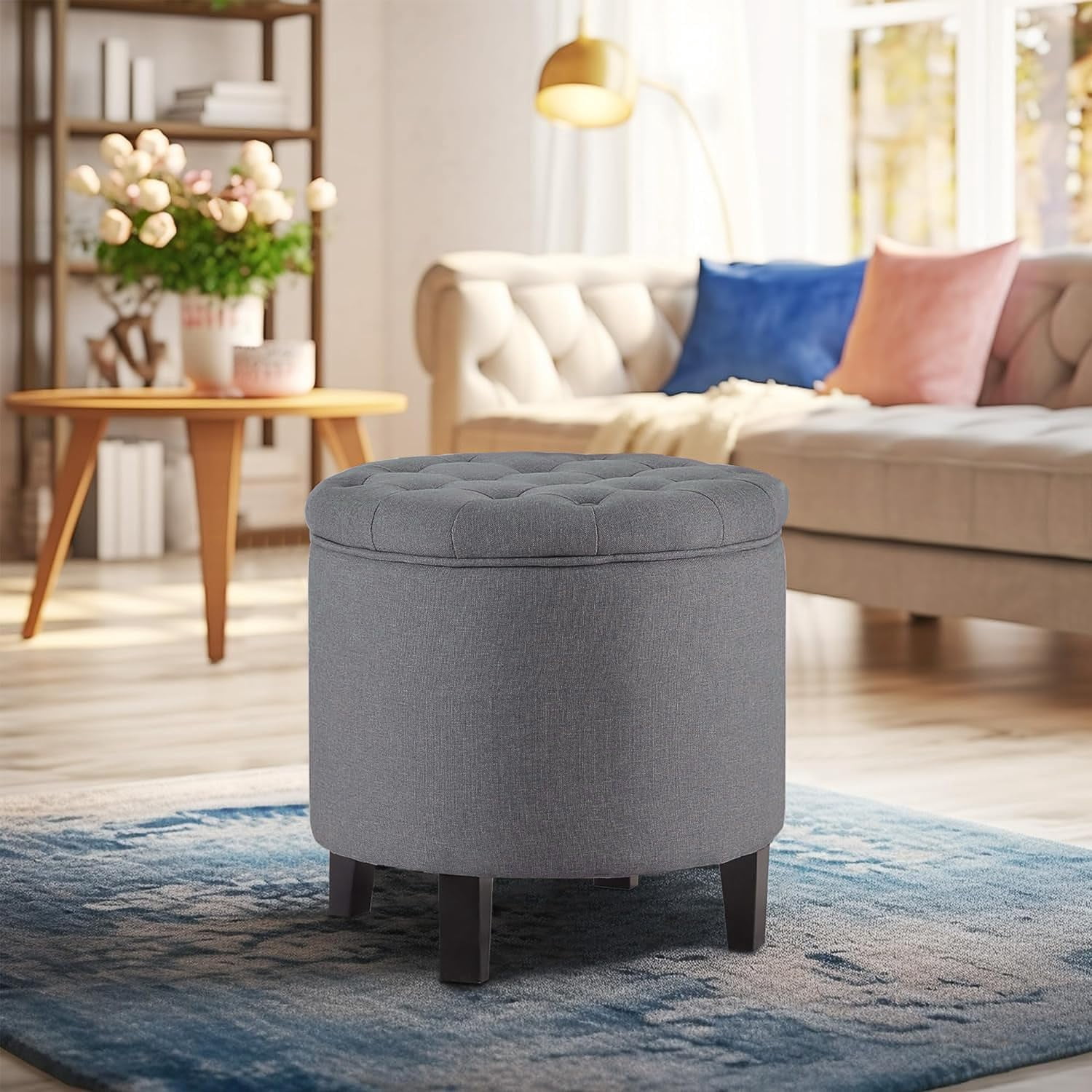 BELLEZE Gray Nailhead Round Tufted Storage Ottoman Large Footrest Stool ...