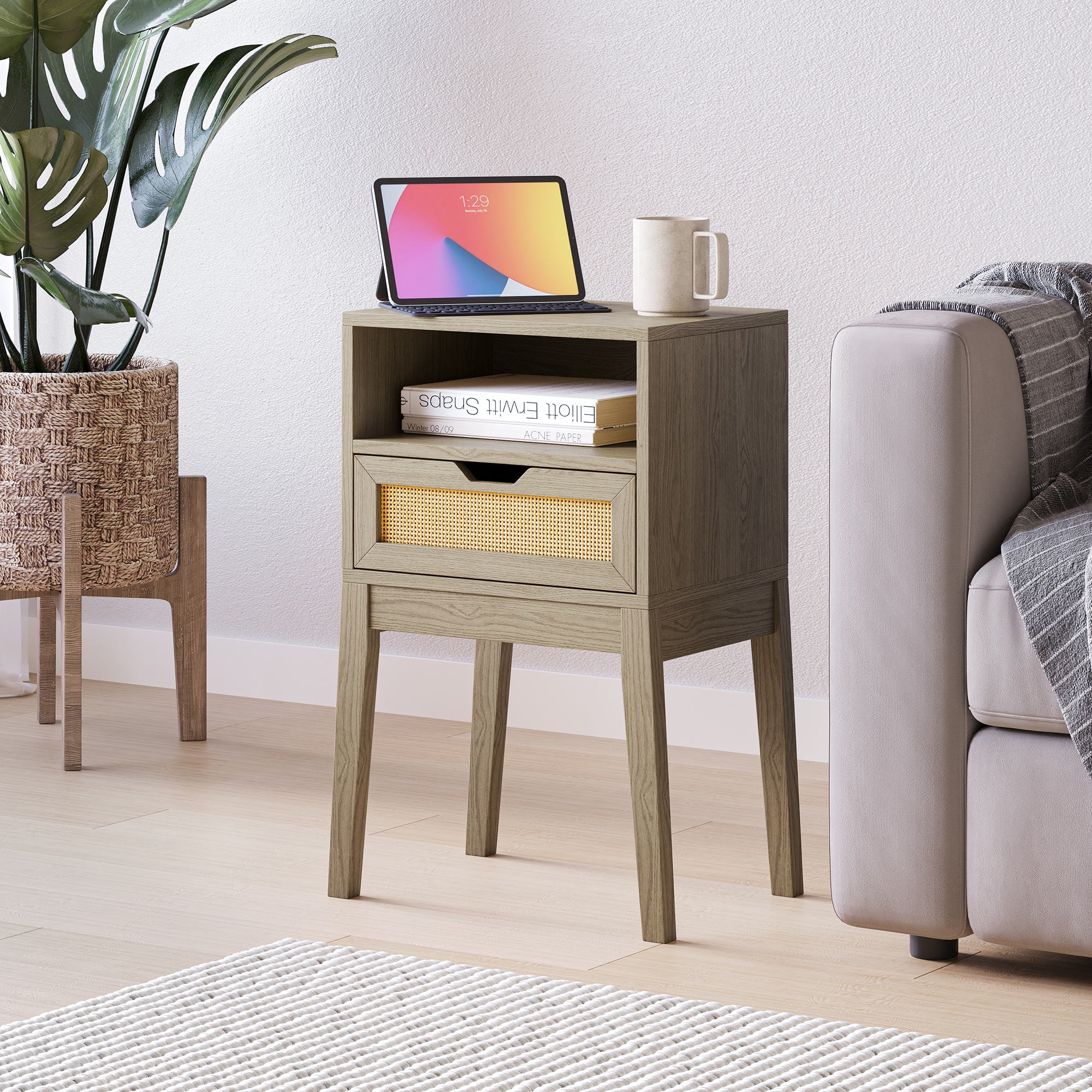 BELLEZE End Table with Rattan Drawer, 2-Tier Nightstand with Open Shelf ...