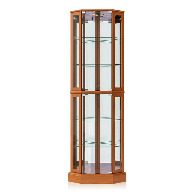 BELLEZE Lighted Curio Corner Display, Wood Cabinet with Tempered Glass ...