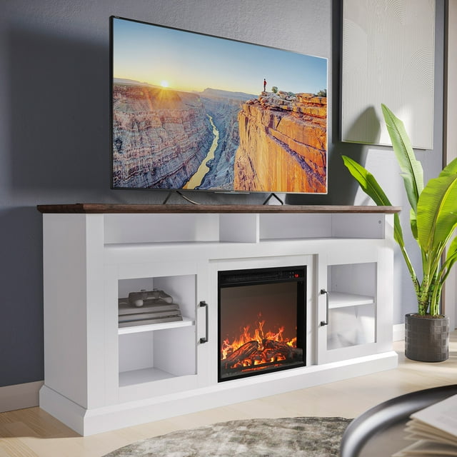 BELLEZE Heated 60 Inch TV Stand with Electric Fireplace, Media Center ...