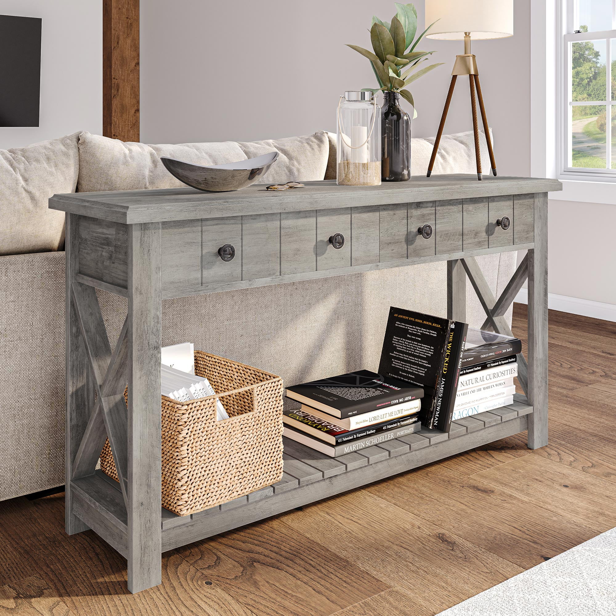 BELLEZE Modern Farmhouse Industrial Style Console Table With Drawers ...