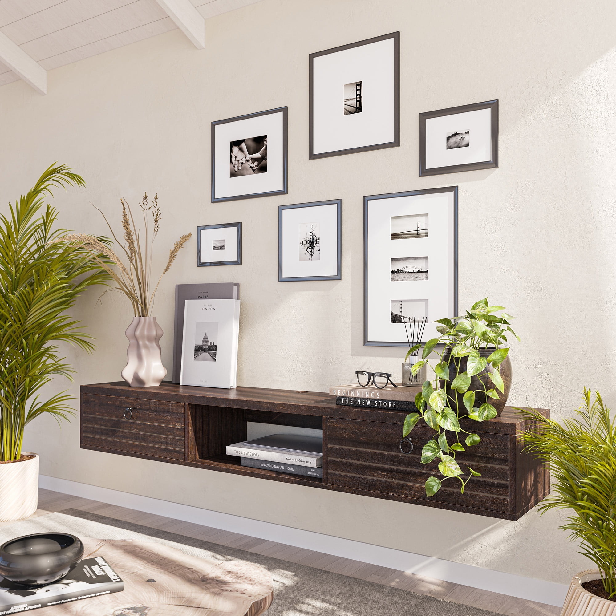 BELLEZE Modern Floating Wall Mounted 63 Inch TV Console With Built-In ...