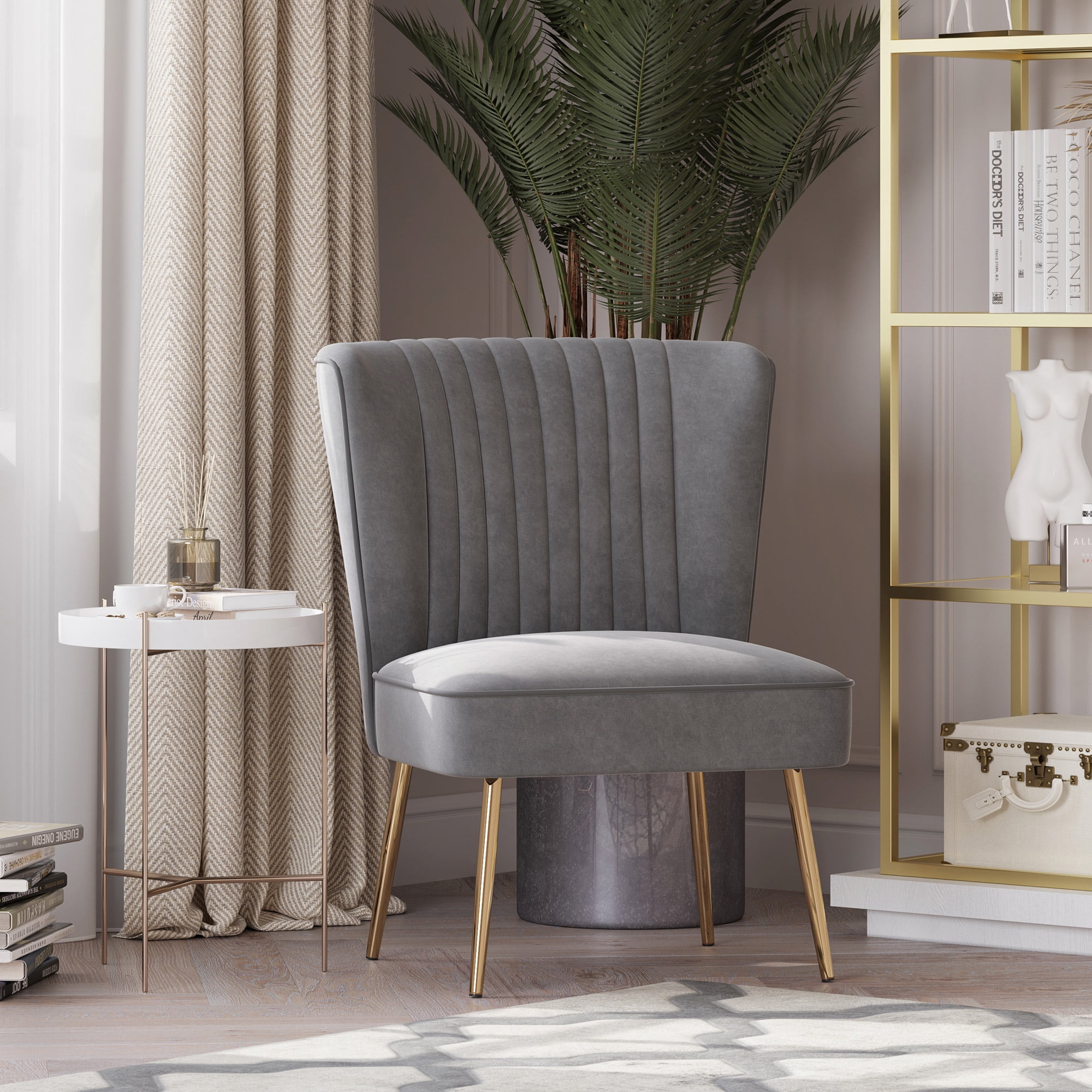 BELLEZE Modern Velvet Accent Chair With Metallic Legs And Channel ...