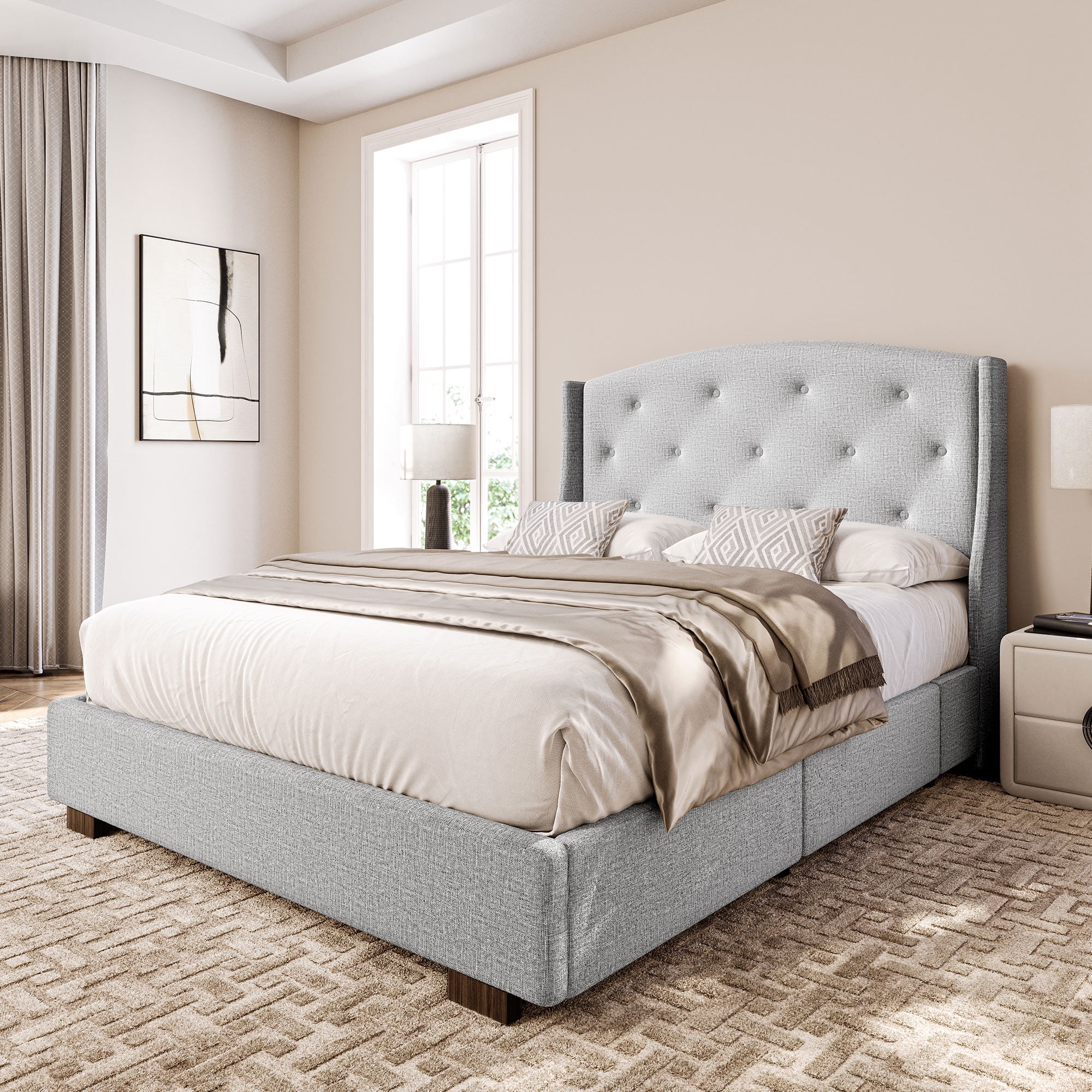 BELLEZE Queen Bed Frame with Headboard 4 Storage Drawers, Wingback ...
