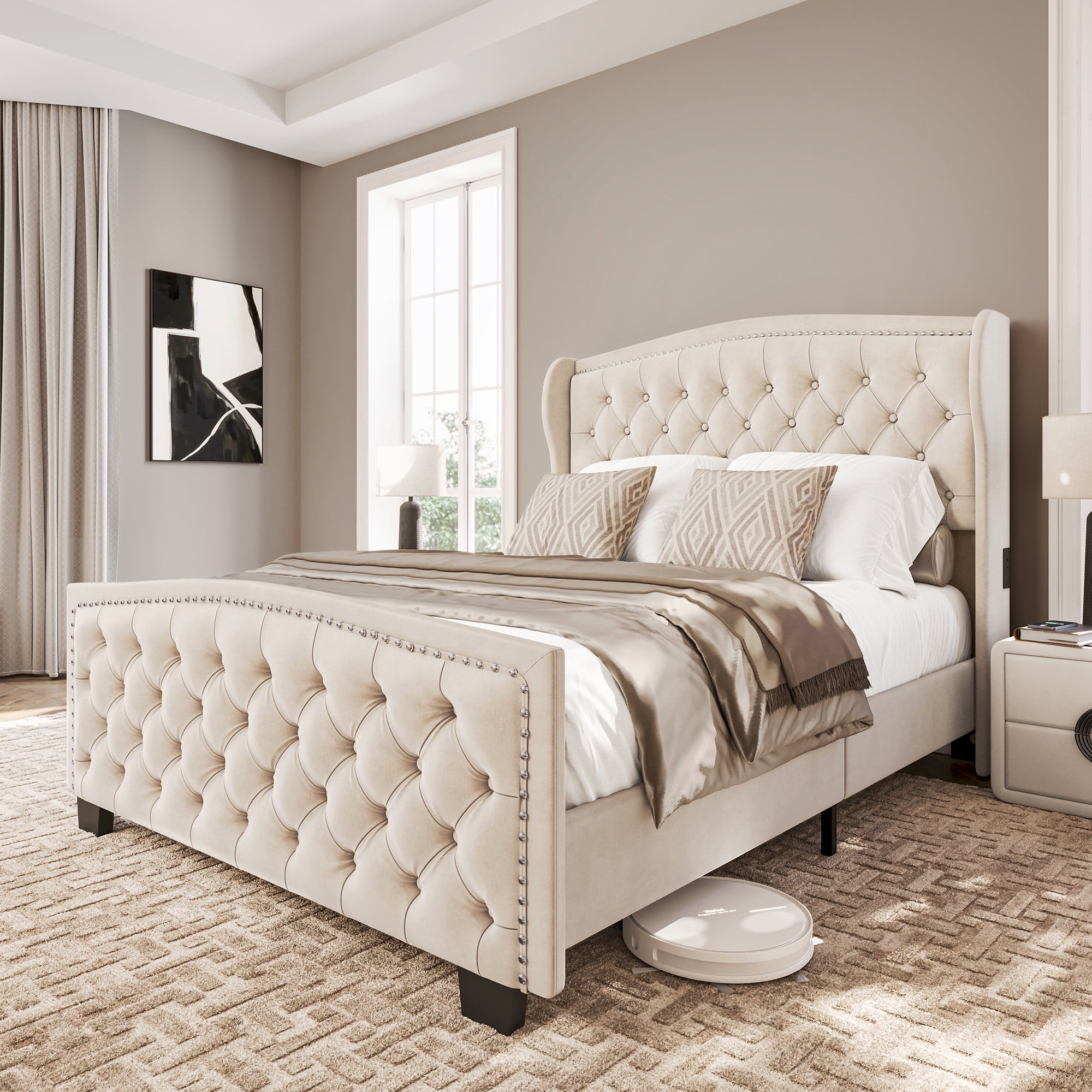 Free Shipping BELLEZE Studded Fabric Queen Bed Frame with Fast Charging Upholstered Velvet with Tufted Headboard Oslo Beige Walmart Walmart