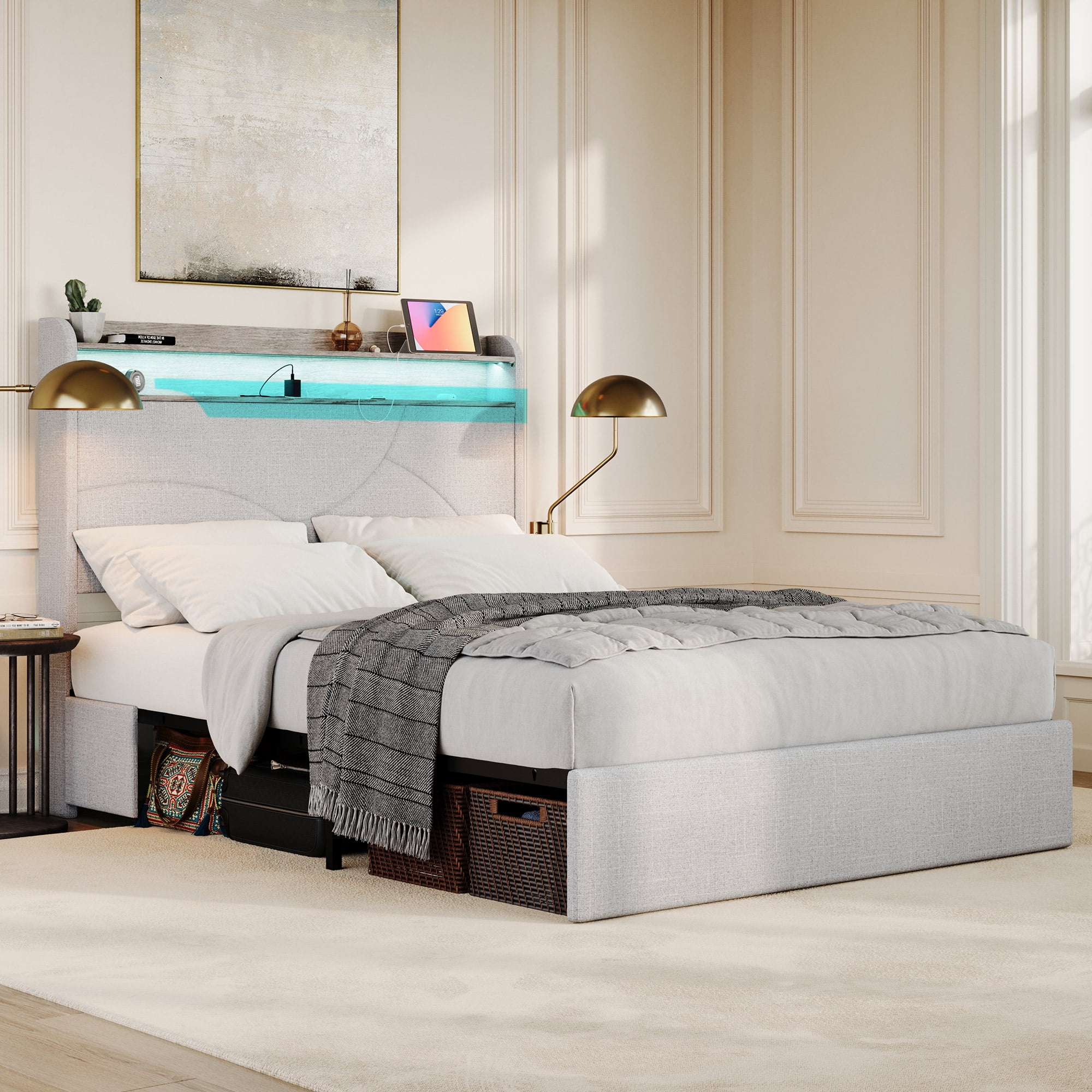 BELLEZE Queen Size Platform Bed Frame with Headboard and Charging ...