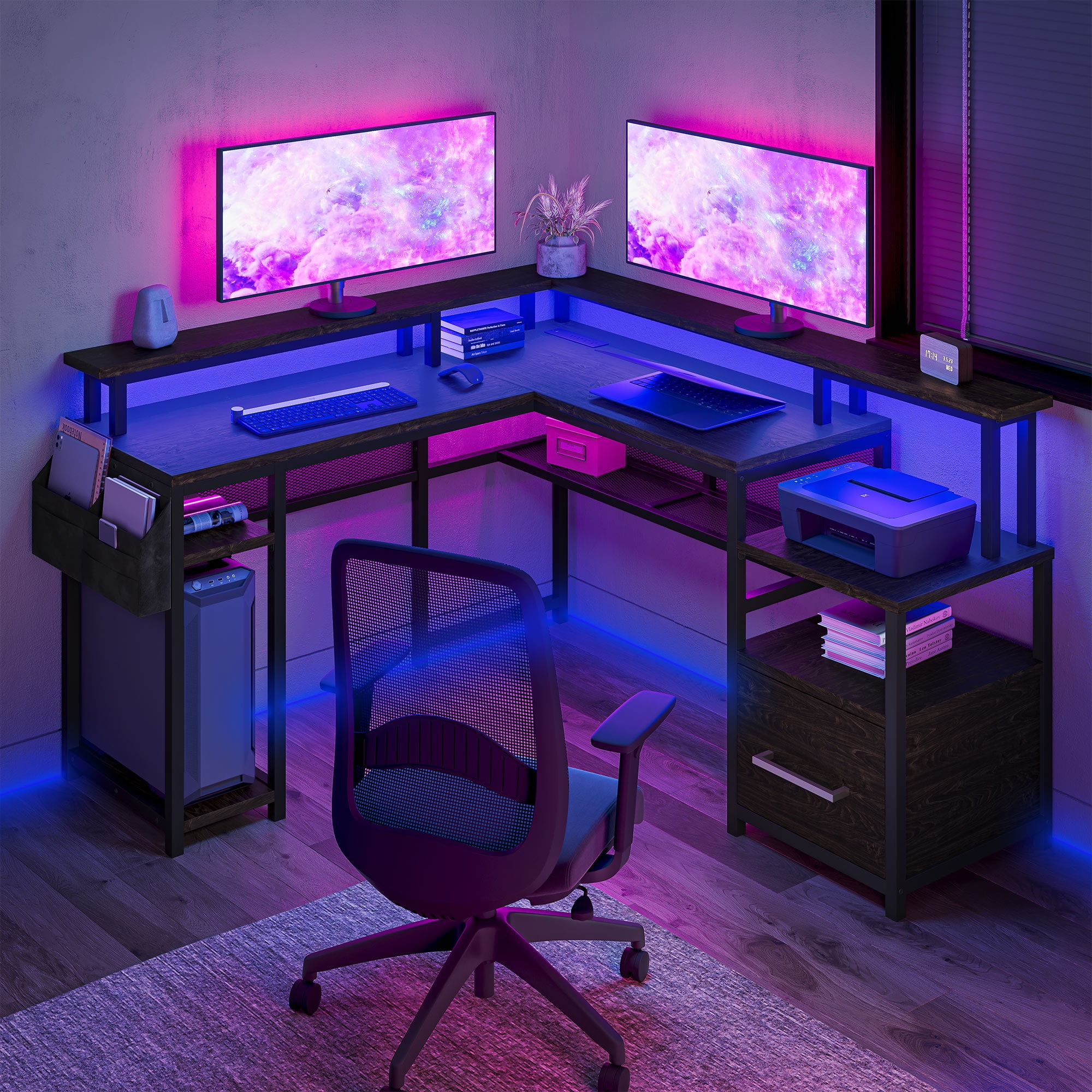 BELLEZE Computer Desk with Monitor Stand and File Cabinet, 104" Long ...