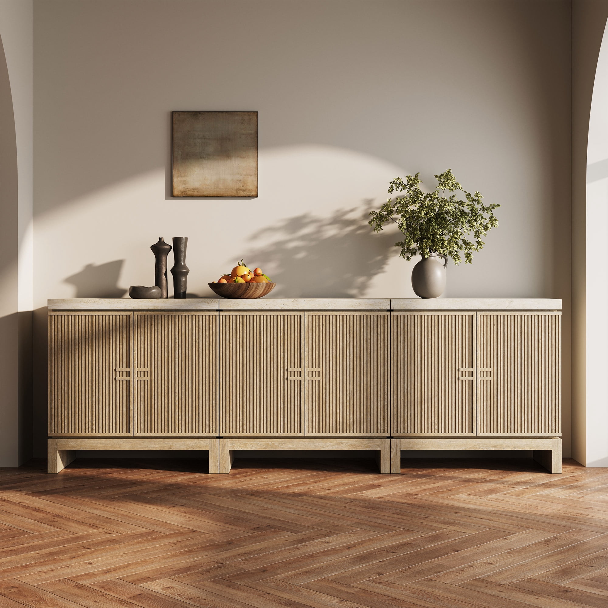 BELLEZE Set of 3 Anton 2 Door Sideboard Buffet Cabinet with Travertine ...