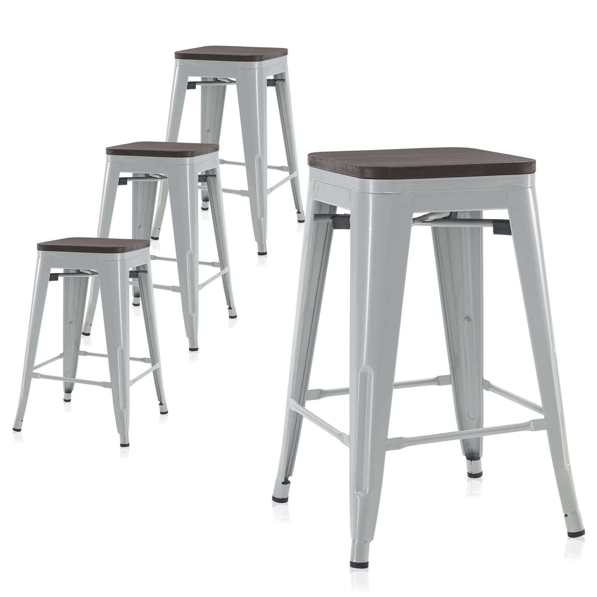 BELLEZE Set Of 4, 24Inch Metal Bar Stools Dining Chairs With Wood Seat ...