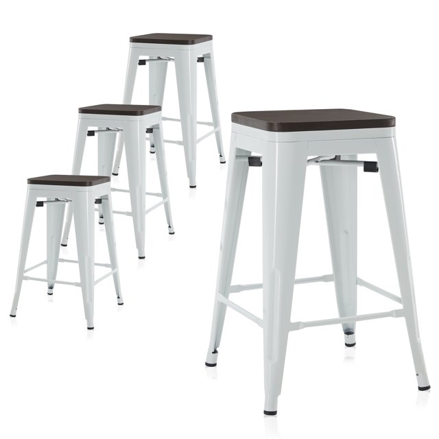 BELLEZE Set Of 4, 24Inch Metal Bar Stools Dining Chairs With Wood Seat, Stackable Counter Height ...