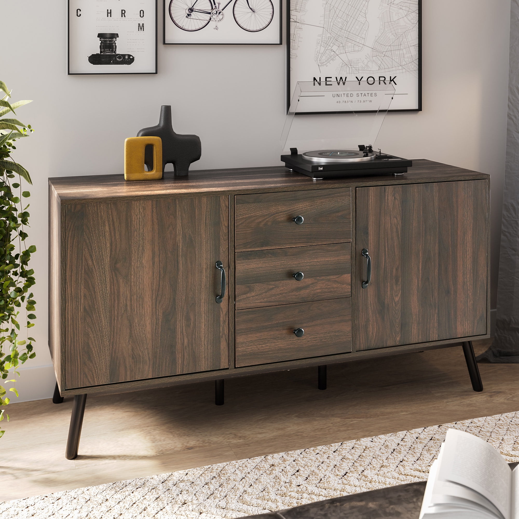 BELLEZE Sideboard Kitchen Buffet, TV Stand, Dark Walnut, Mid-Century ...