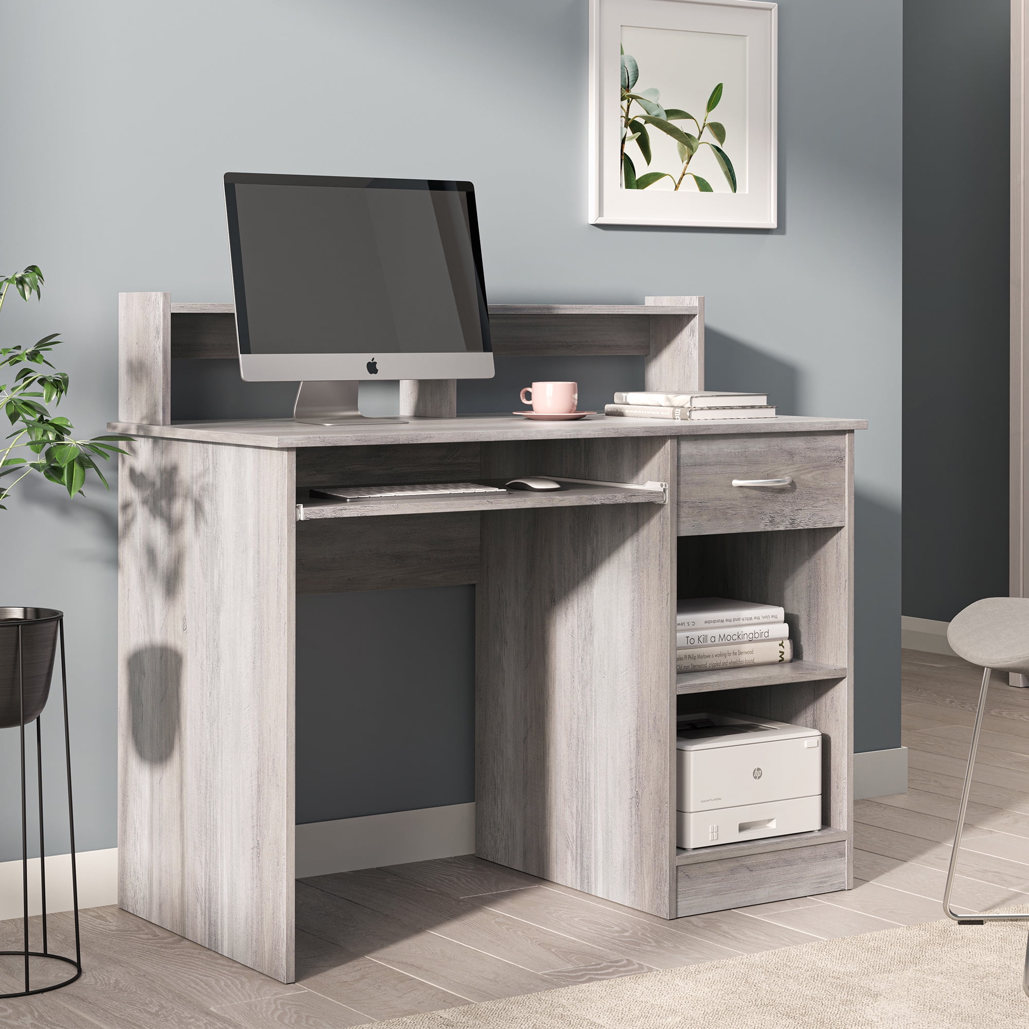 BELLEZE Small Home Office Computer Desk with Hutch - Wren (Grey Wash ...