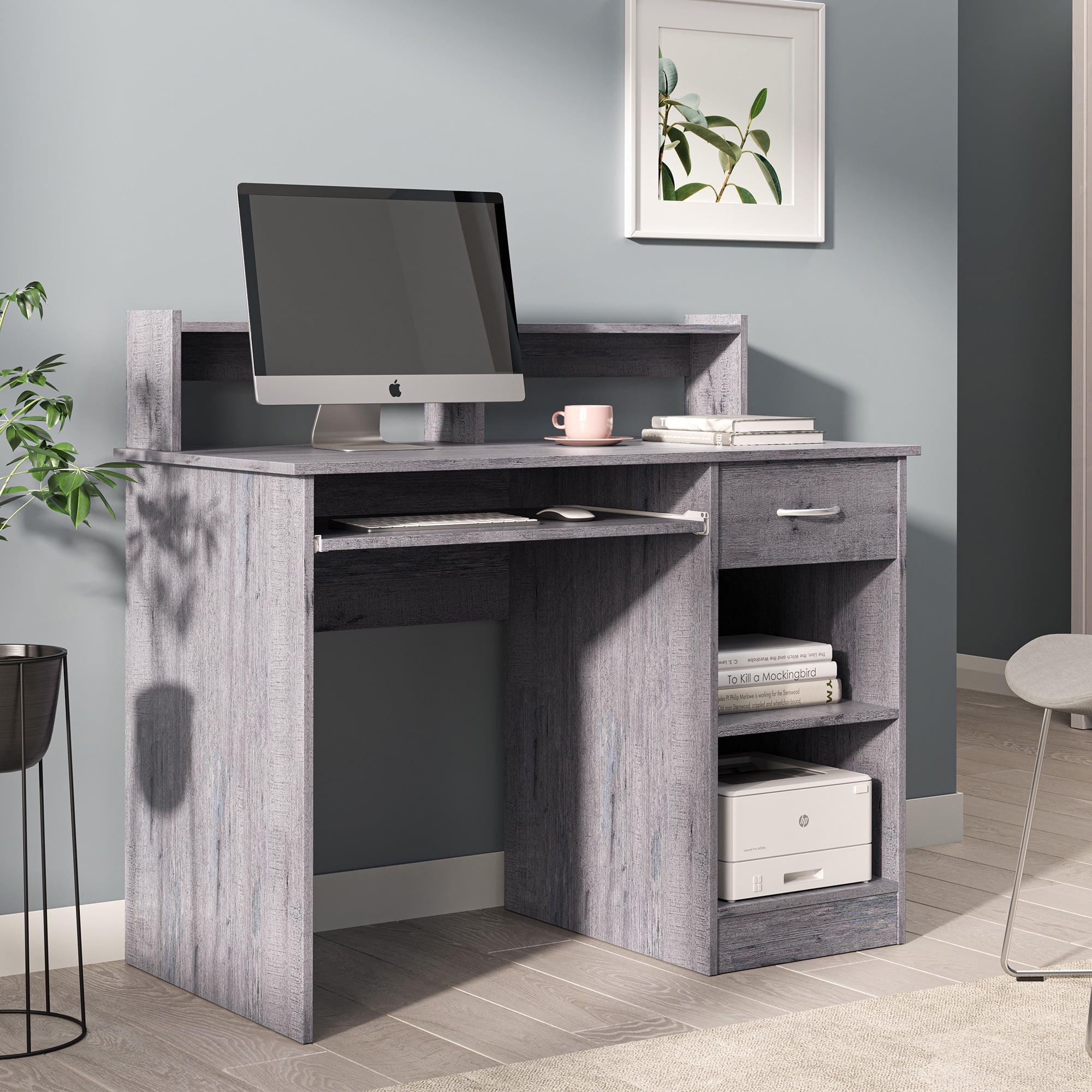 BELLEZE Small Home Office Computer Desk with Hutch - Wren (Grey ...
