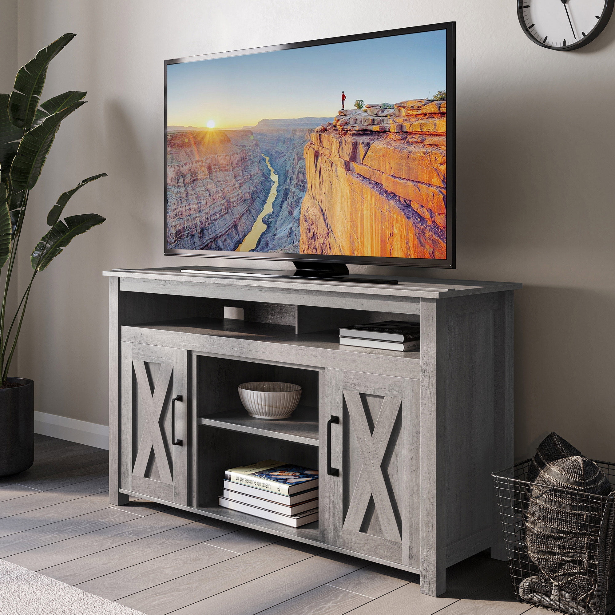 BELLEZE Farmhouse-Inspired Television Stand - Corin, Gray Wash, Media ...