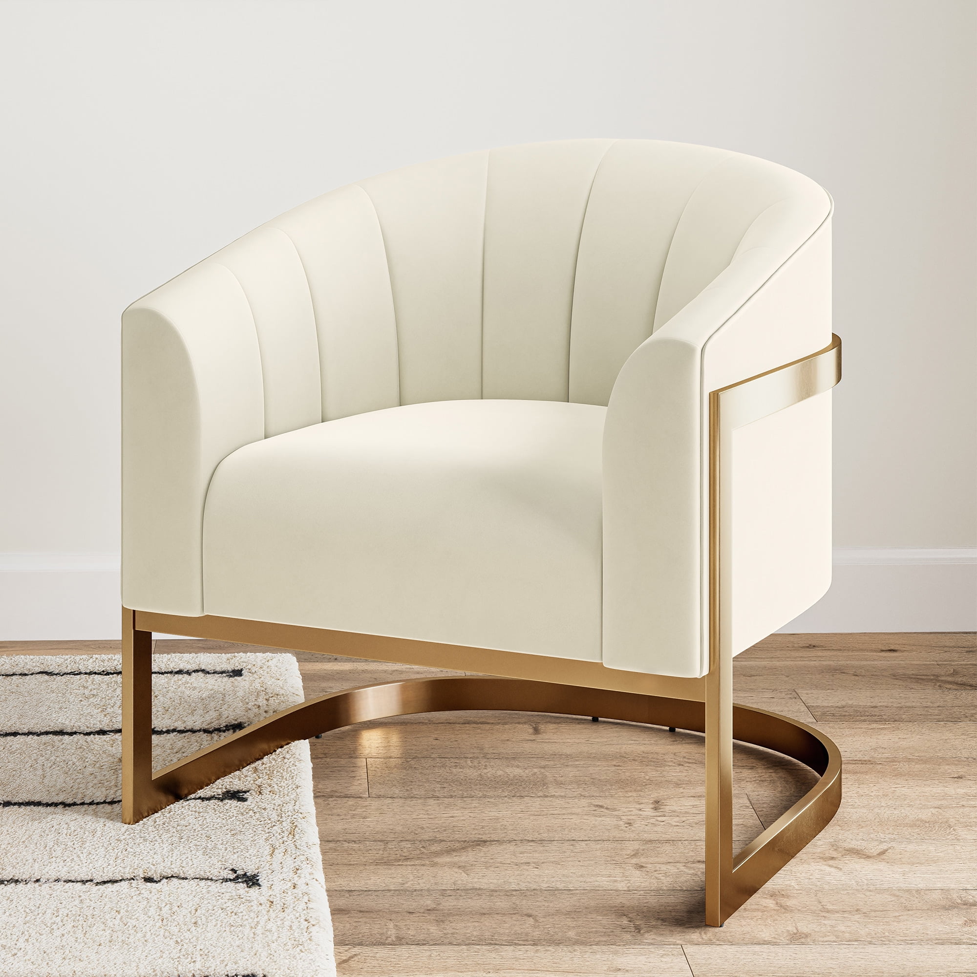 BELLEZE Upholstered Accent Chair Modern Velvet Barrel Chair Comfy Lounge Room Chair Arm Chair with Gold Stainless Base for Living Room Bedroom Alfred Cream Walmart