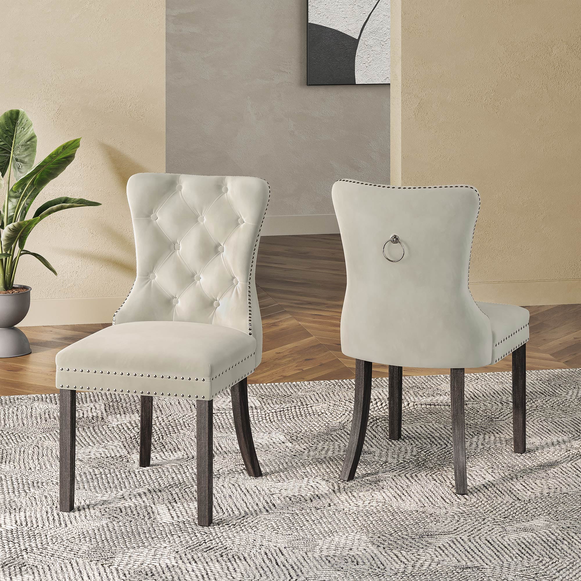 BELLEZE Upholstered Velvet Dining Chairs, Button Back, Nailhead Trim ...