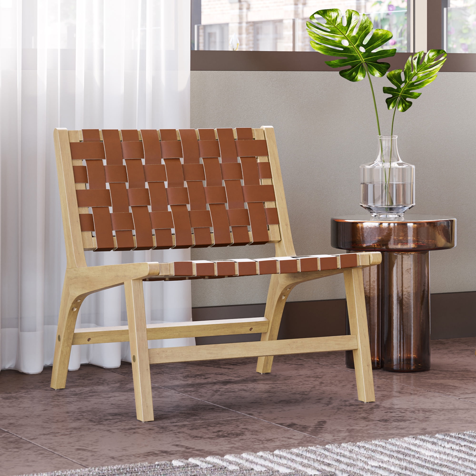 BELLEZE Woven Faux Leather Accent Chair, Boho Mid Century Modern Lounge ...