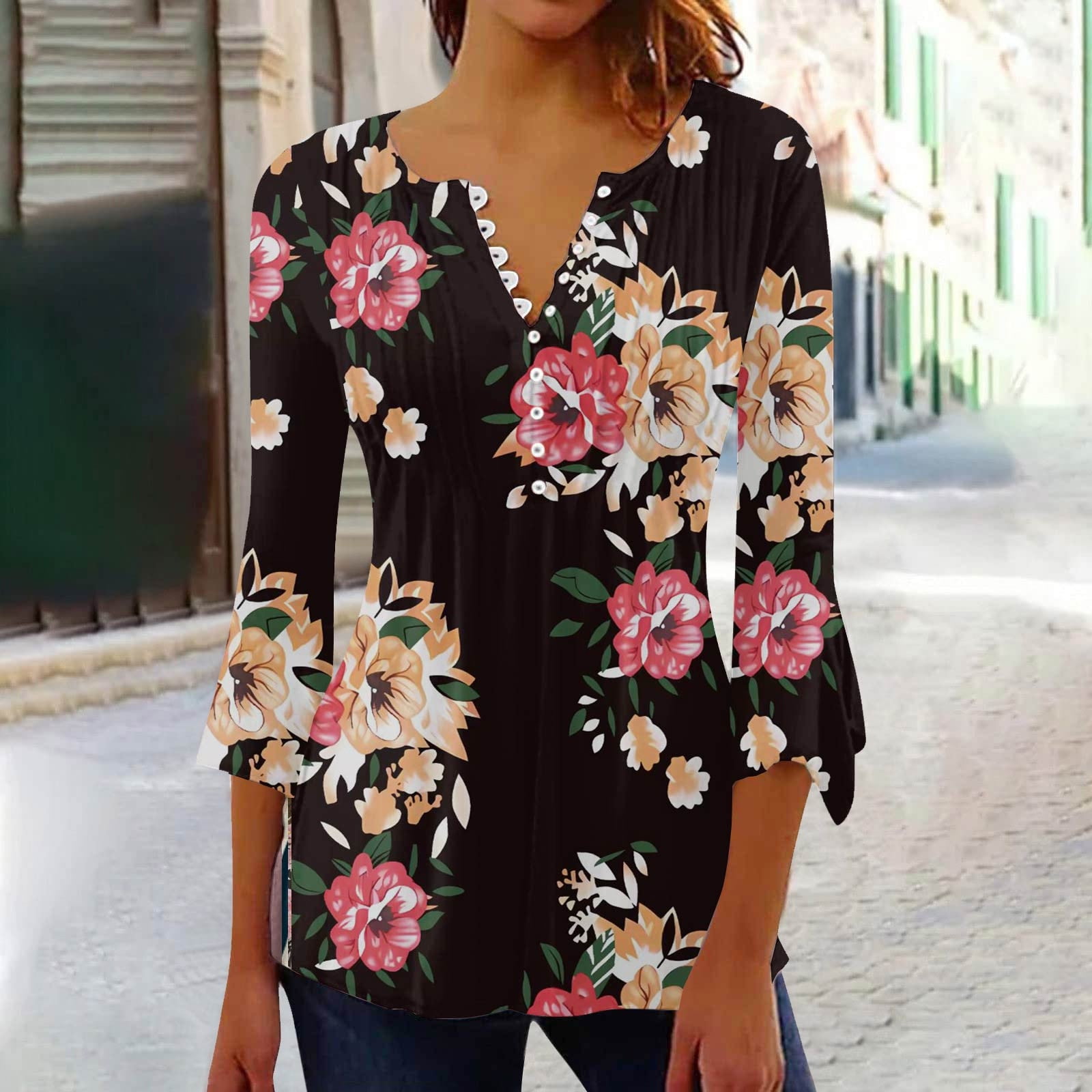 BELLZELY Workout Tops for Women Clearance Active Trumpet 3/4 Sleeve ...