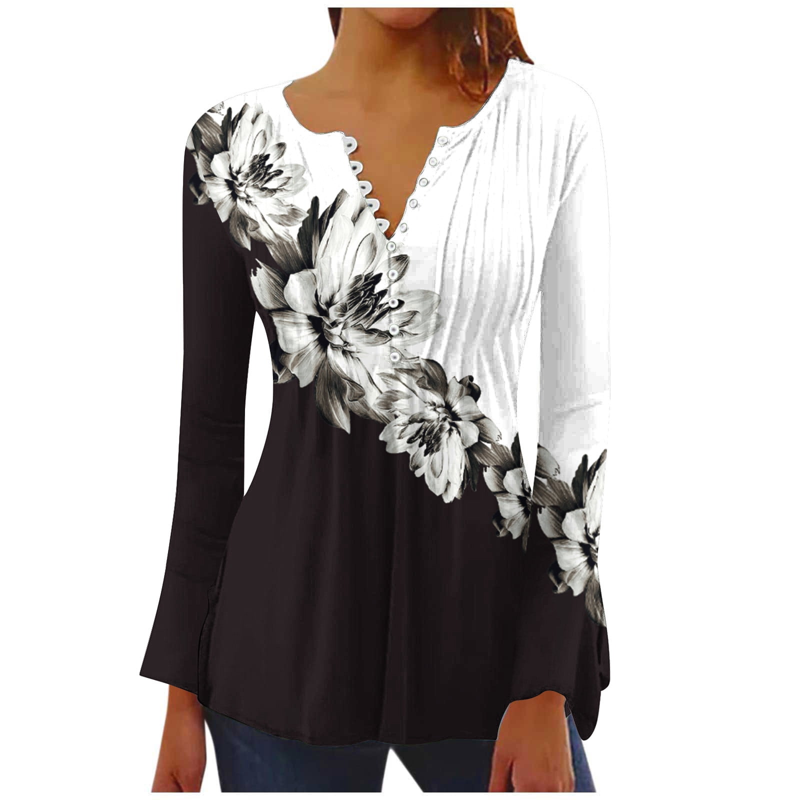 BELLZELY Workout Tops for Women Clearance Active Trumpet Long Sleeve Printed Buttoned Basic ...