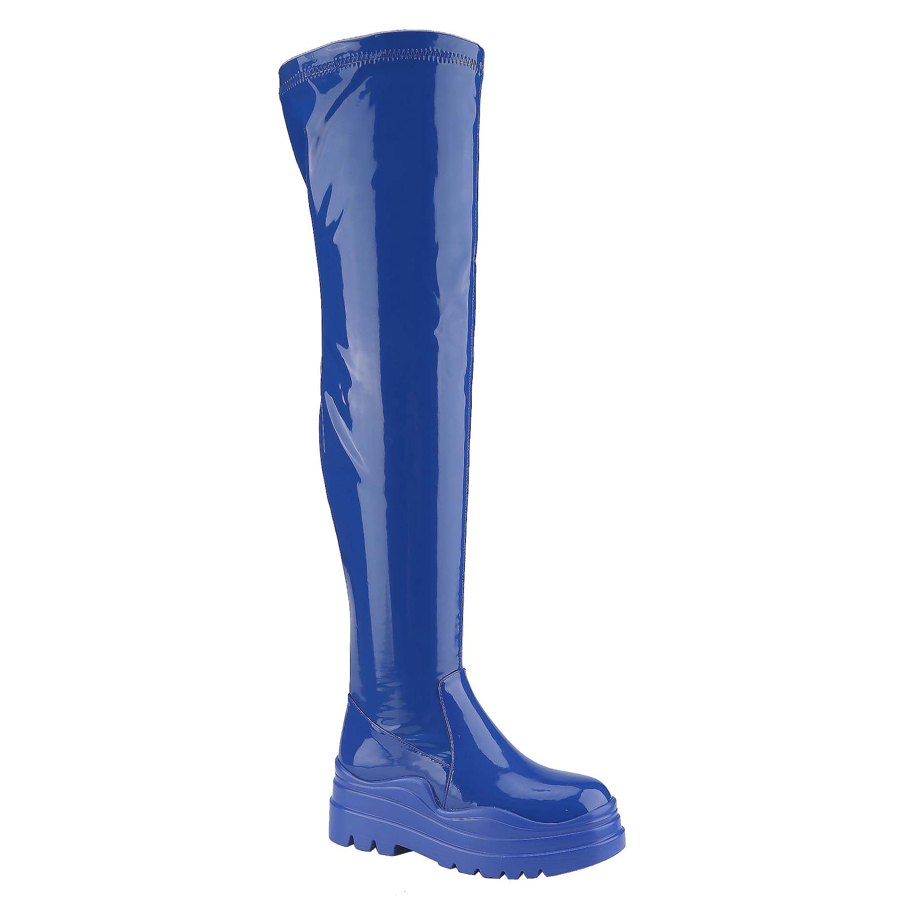 BELOVELY【CITY-2】 Women's Thigh High Boots Patent Leather PU Heeled Over ...
