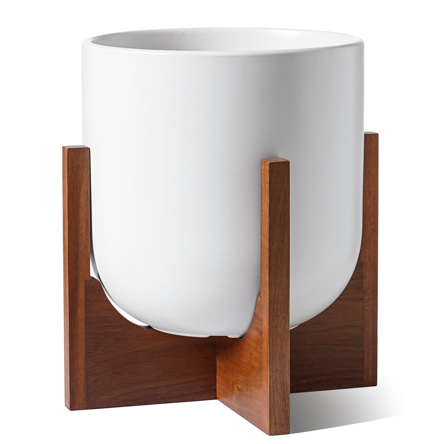BEMAY 10 Inch White Ceramic Plant Pot with Acacia Wood Stand - Mid ...