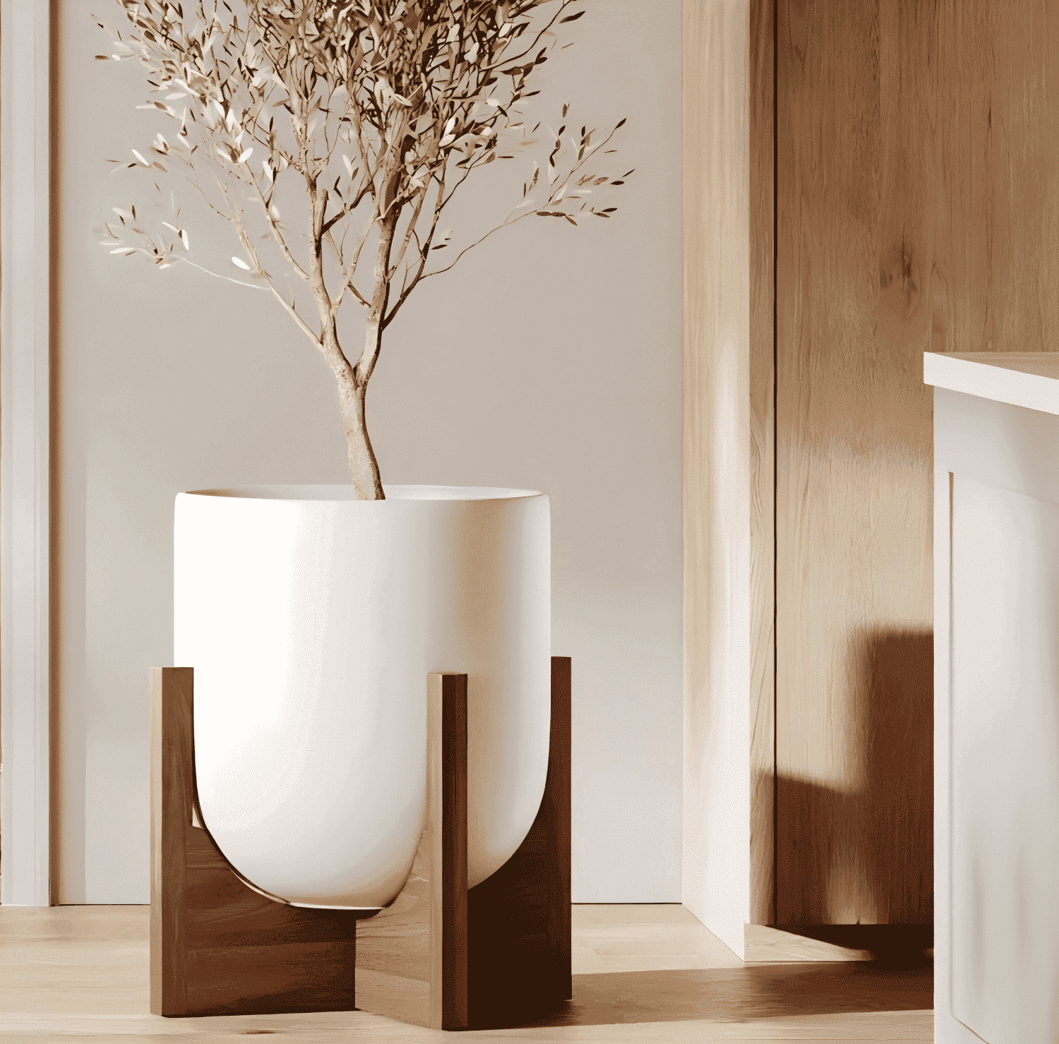 BEMAY 12" White Ceramic Planter with Wood Stand, Large Indoor Plant Pot ...
