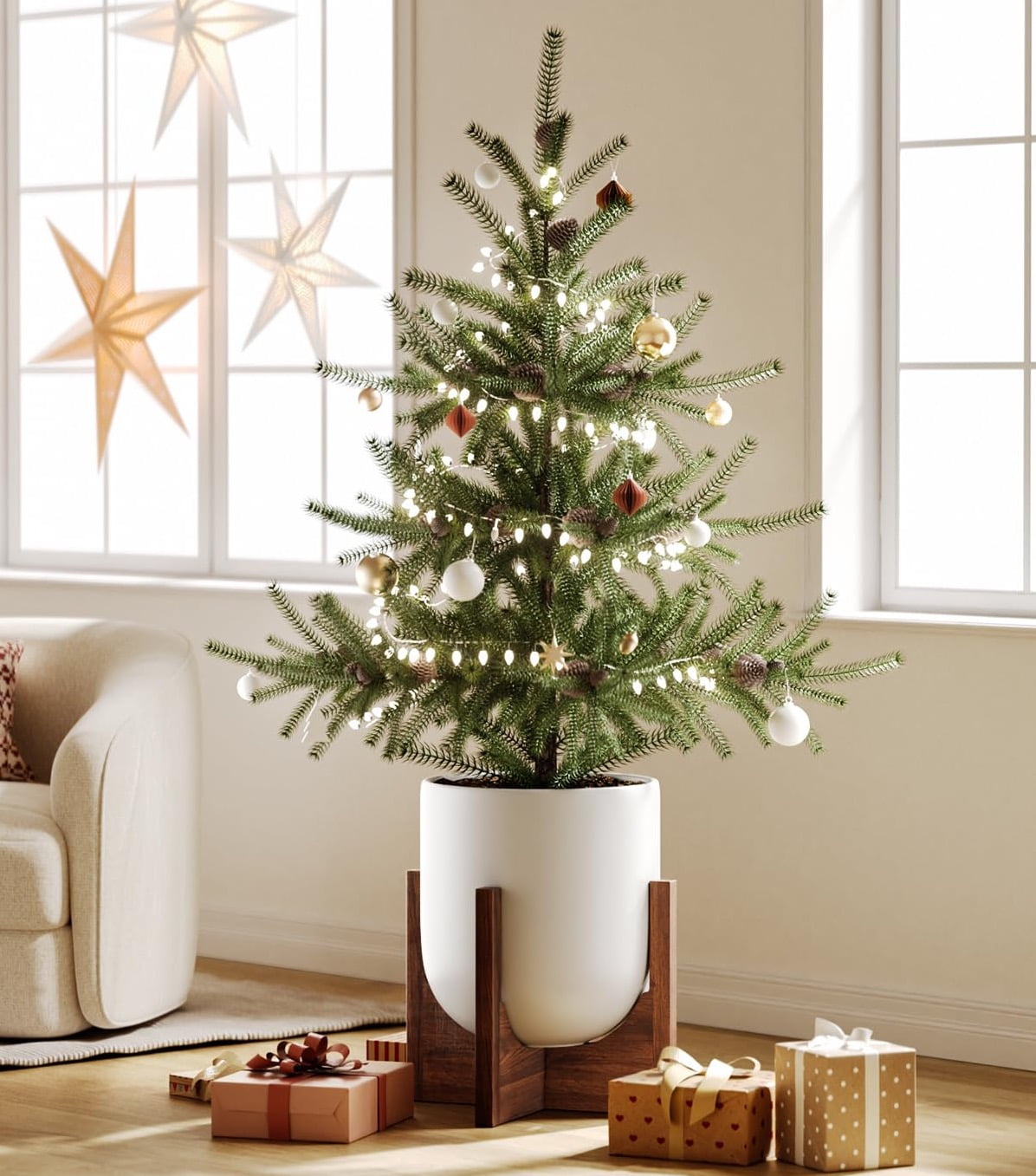 BEMAY 12" White Ceramic Planter with Wood Stand, Large Indoor Plant Pot ...