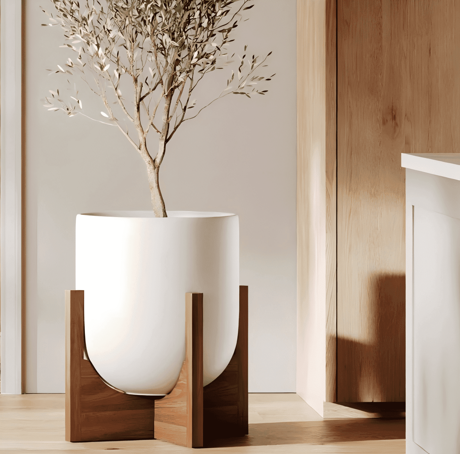 BEMAY 12" Ceramic Plant Pot with Wood Stand, Modern Indoor Planter for ...