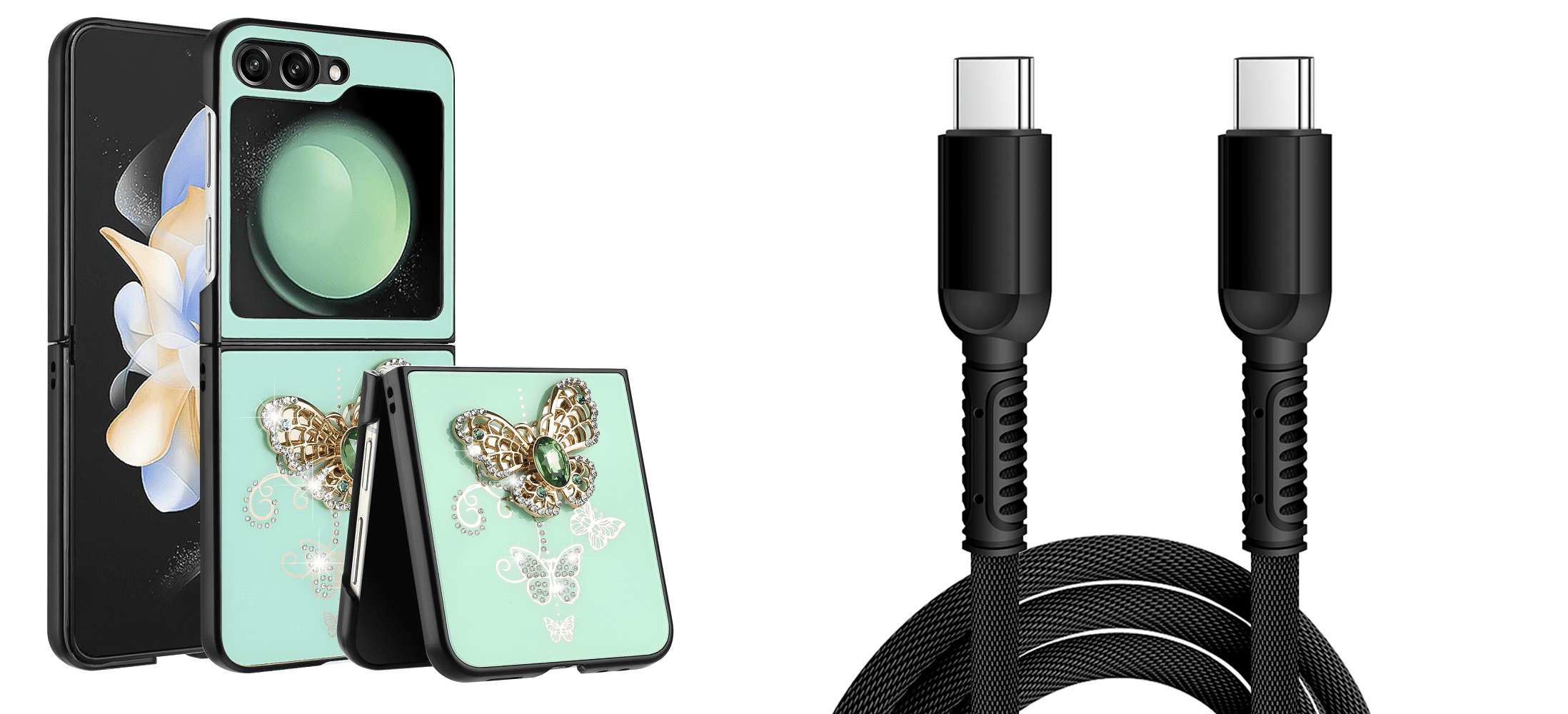 BEMZ Butterfly Diamond Gem Case for Galaxy Z Flip 5 Bundle with 30W USB ...