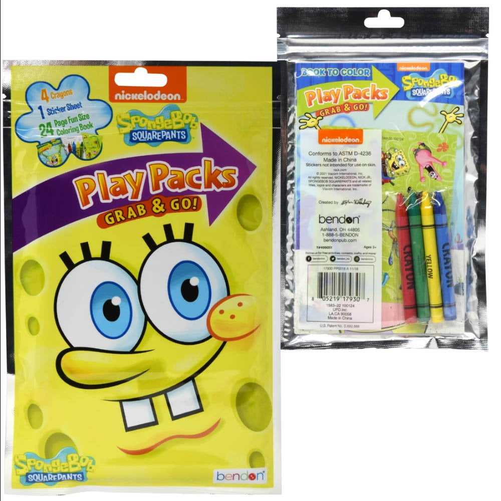 BENDON Spongebob Grab n Go Play Pack, 4 crayon, stocker sheet, coloring ...