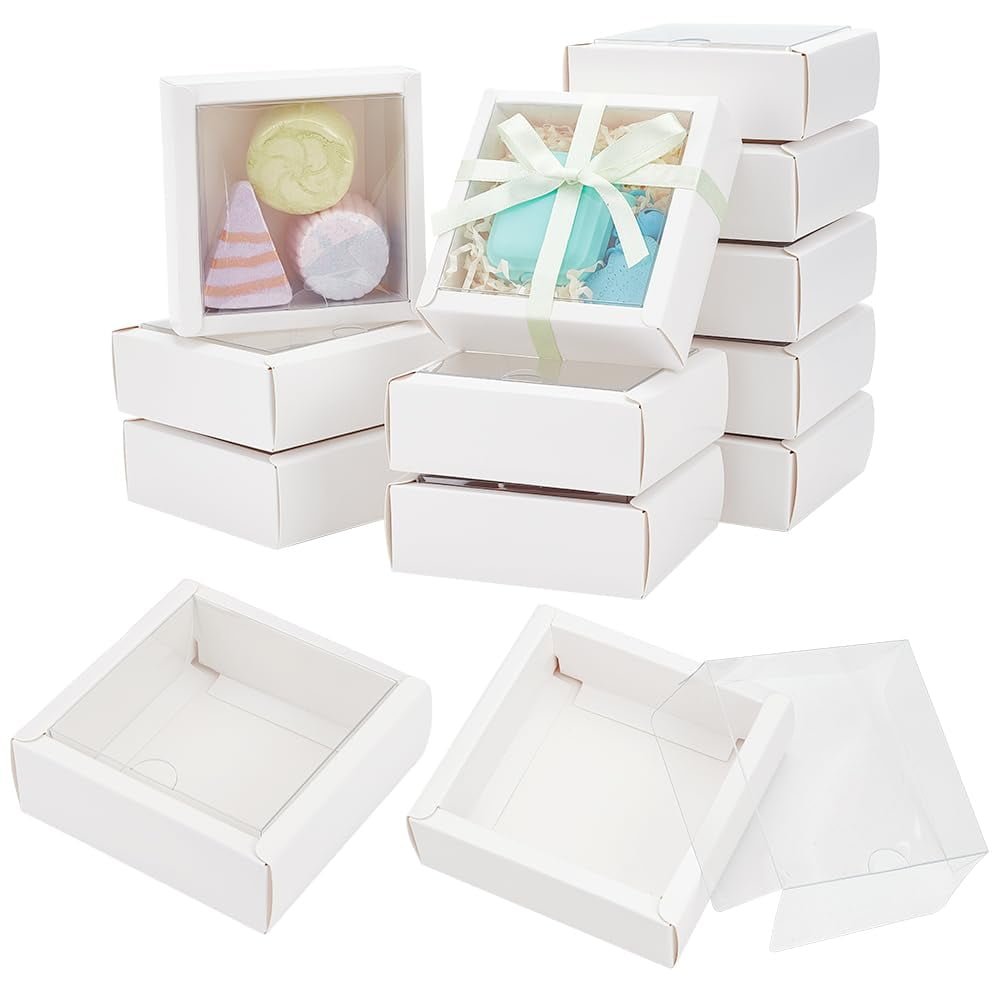 BENECREAT 20Pcs Clear Square Paper Boxes with Clear PVC Window, 3.3×3.3 ...