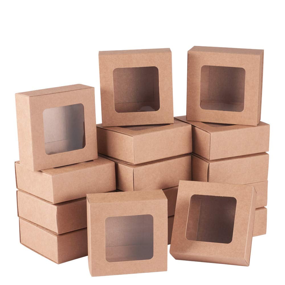 BENECREAT 24 Packs Square Kraft Paper Drawer Boxes with PVC Window Lid ...