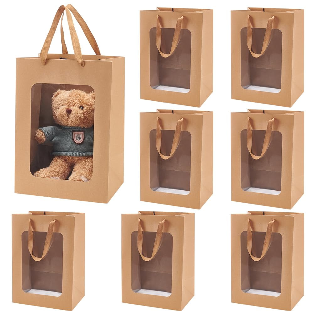 BENECREAT 8 Pack Transparent Window Brown Kraft Paper Bags, 13.7x9.8x7 ...