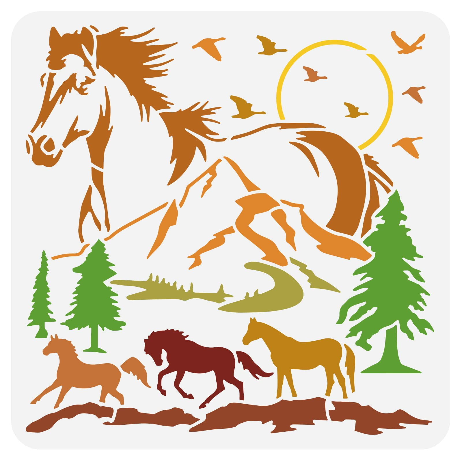 BENECREAT Horse Stencil, 12x12inch Mountain Tree Scene Running Horse ...
