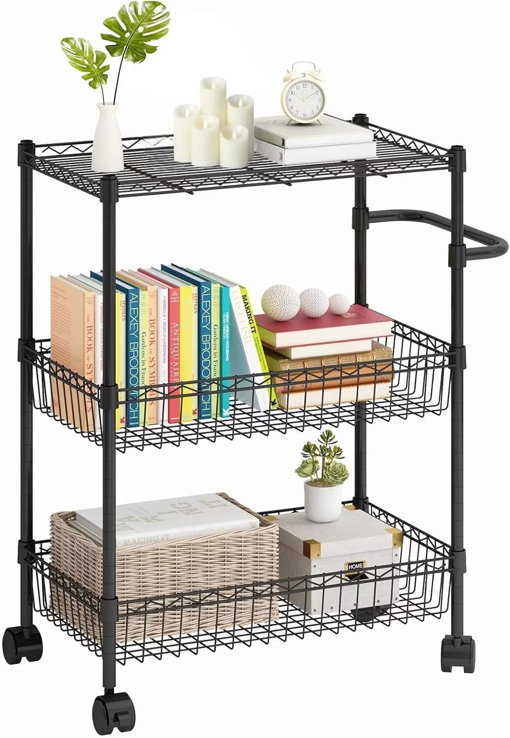 BENESKY 3 Tier Rolling Cart, Metal Kitchen Cart On Wheels with Baskets ...