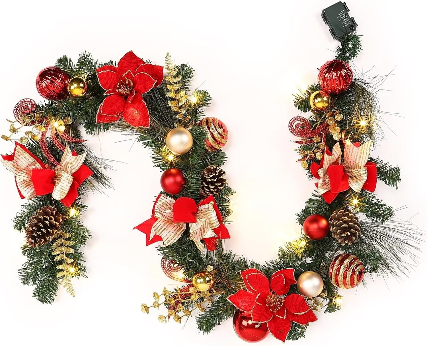 BENESKY 6 FT Pre-lit Christmas Garland with 20 LED Lights, Luxury Red ...