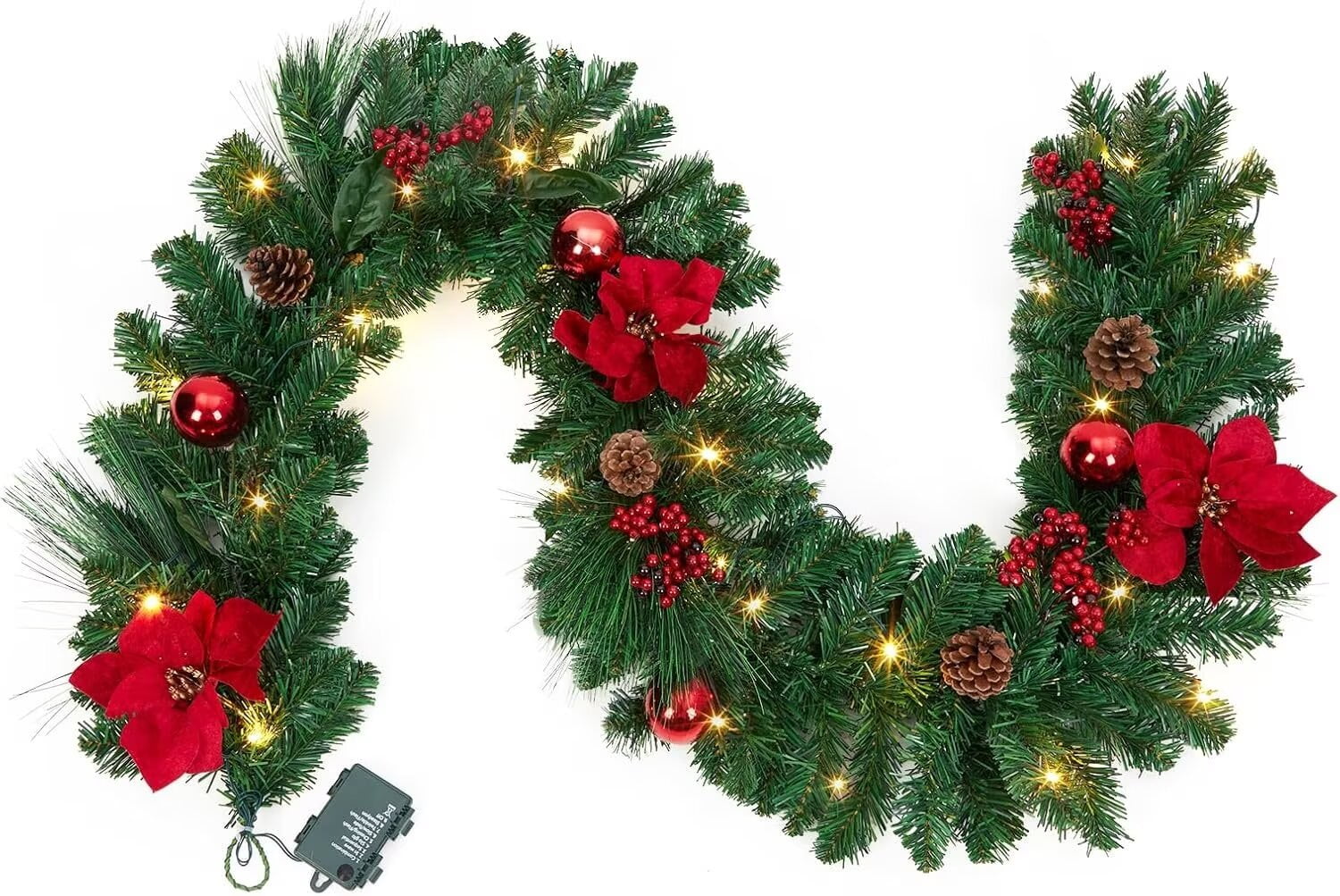 BENESKY 6 ft Christmas Garland with Lights, Red Lighted Christmas ...
