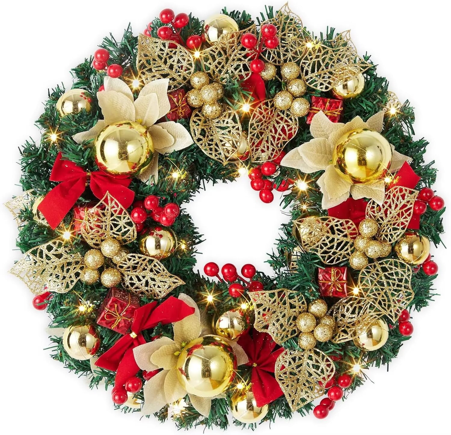 BENESKY Pre-Lit Christmas Wreath, 18 inch Battery Operated Christmas ...