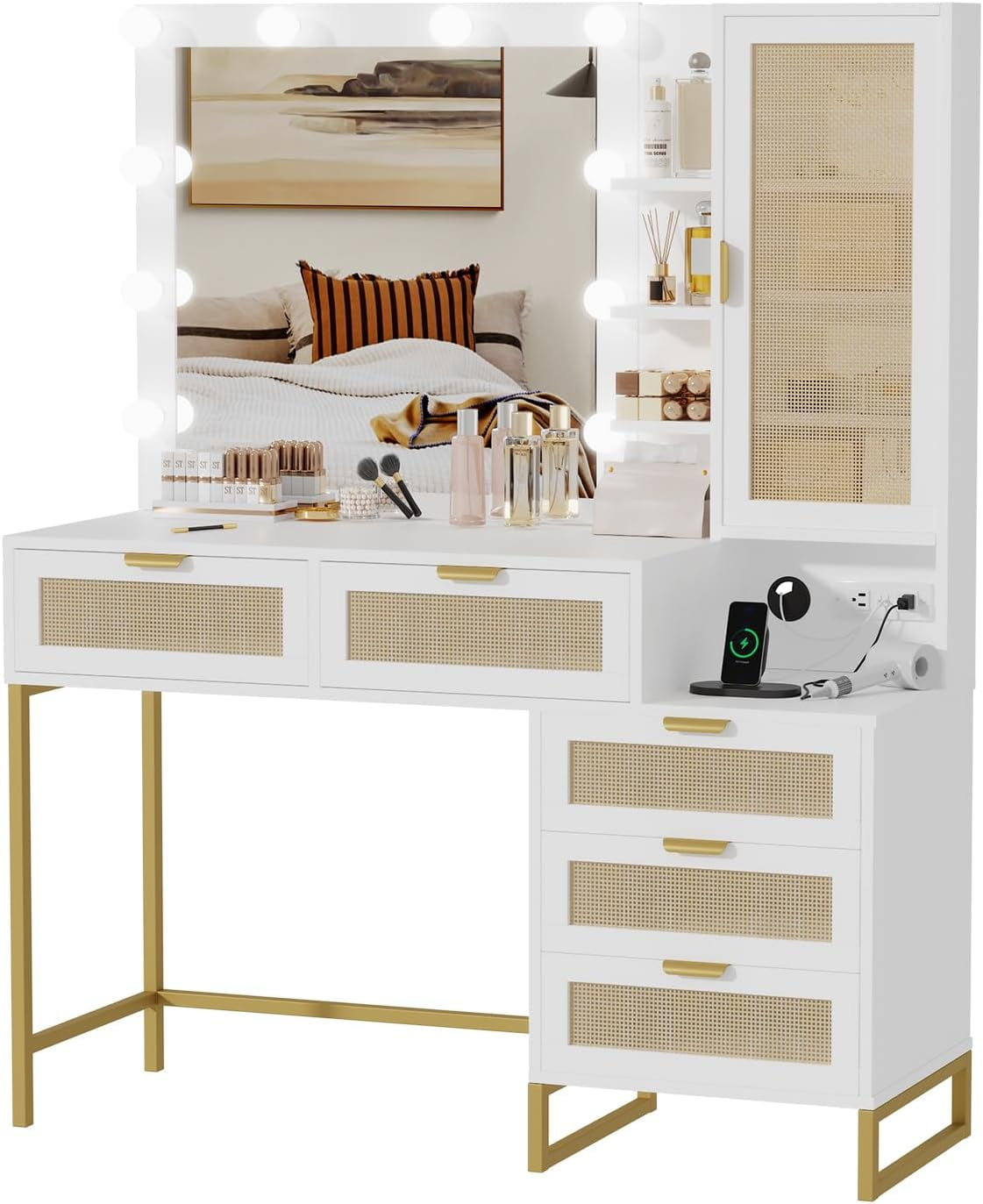 BENESKY Rattan Makeup Vanity Desk, Make Up Vanity Table with Lighted ...