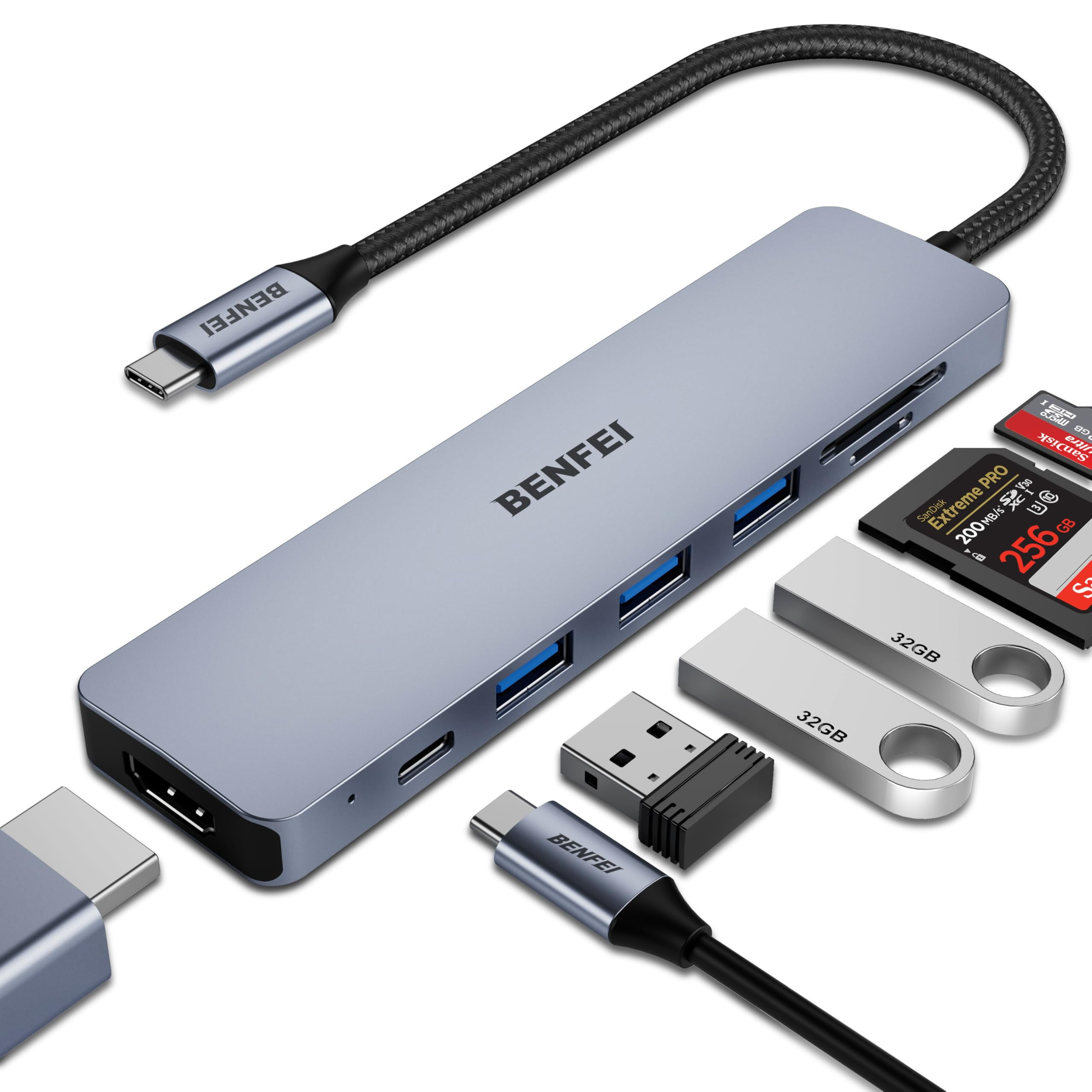 BENFEI USB C HUB 7-in-1 with HDMI(4K@60Hz,Certified), 100W Power ...