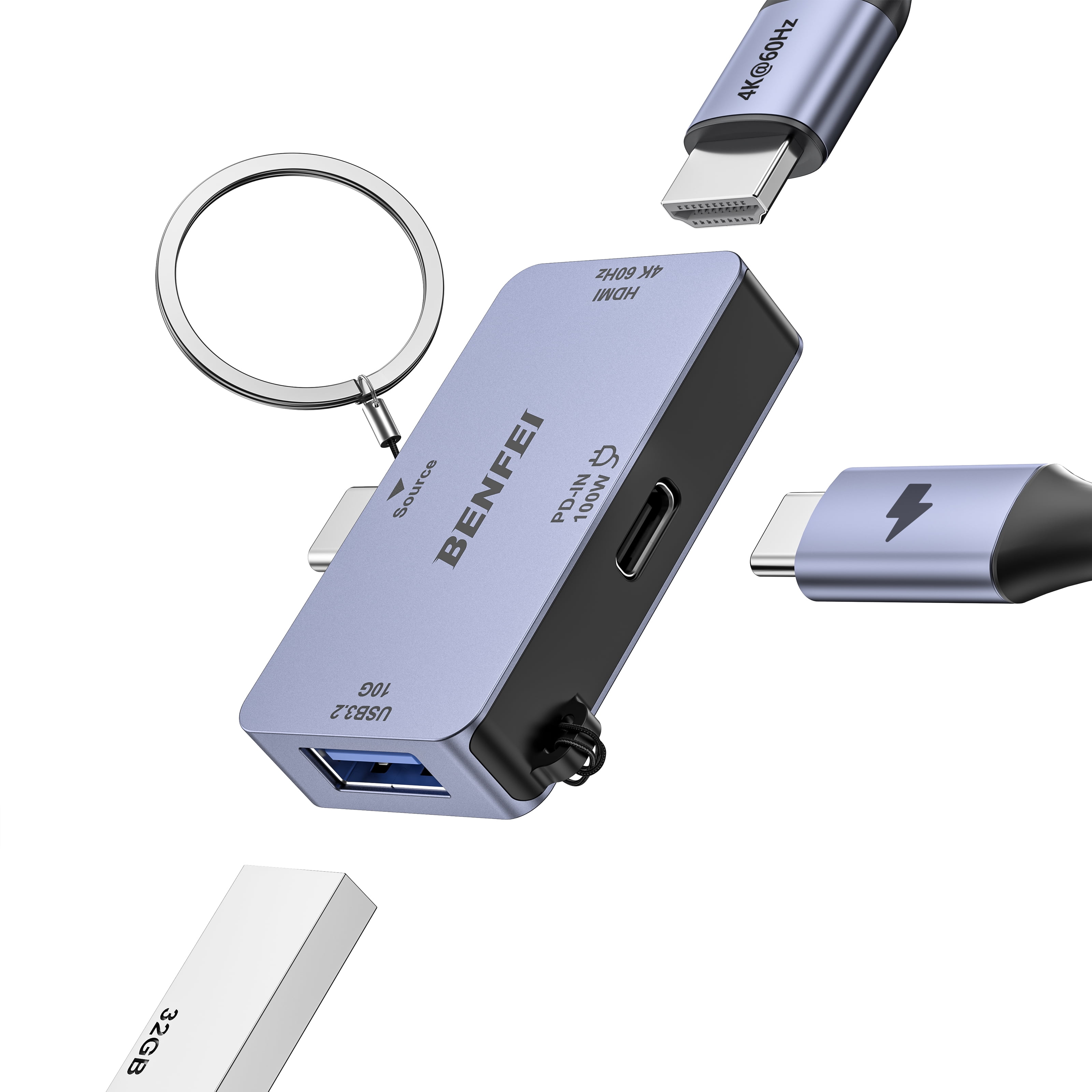 BENFEI USB C Hub 3-in-1, Super Compact, USB-C to HDMI 4K@60Hz, 10Gbps ...
