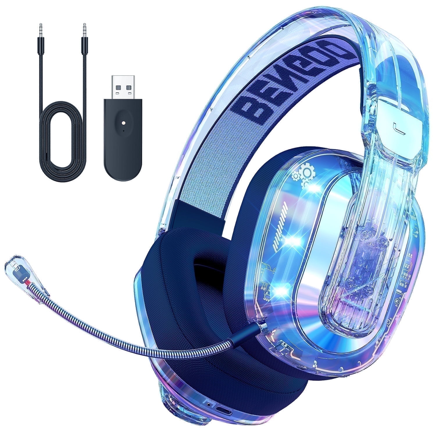 BENGOO Wireless Gaming Headset, 2.4GHz USB, RGB Lights, Noise Canceling ...