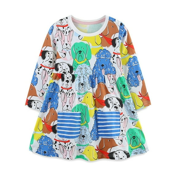 BENJAMJAM 2T-7T Multi-Color Dog Print Long-Sleeve Dress with Striped ...