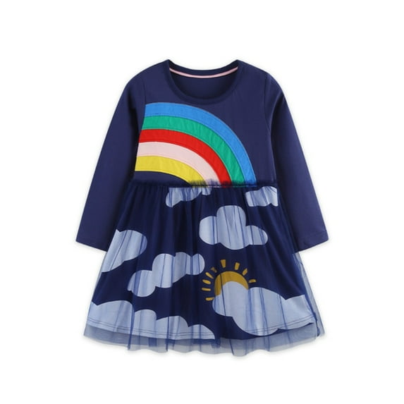 BENJAMJAM 2T-7T Navy Rainbow & Cloud Graphic Long-Sleeve Dress with ...